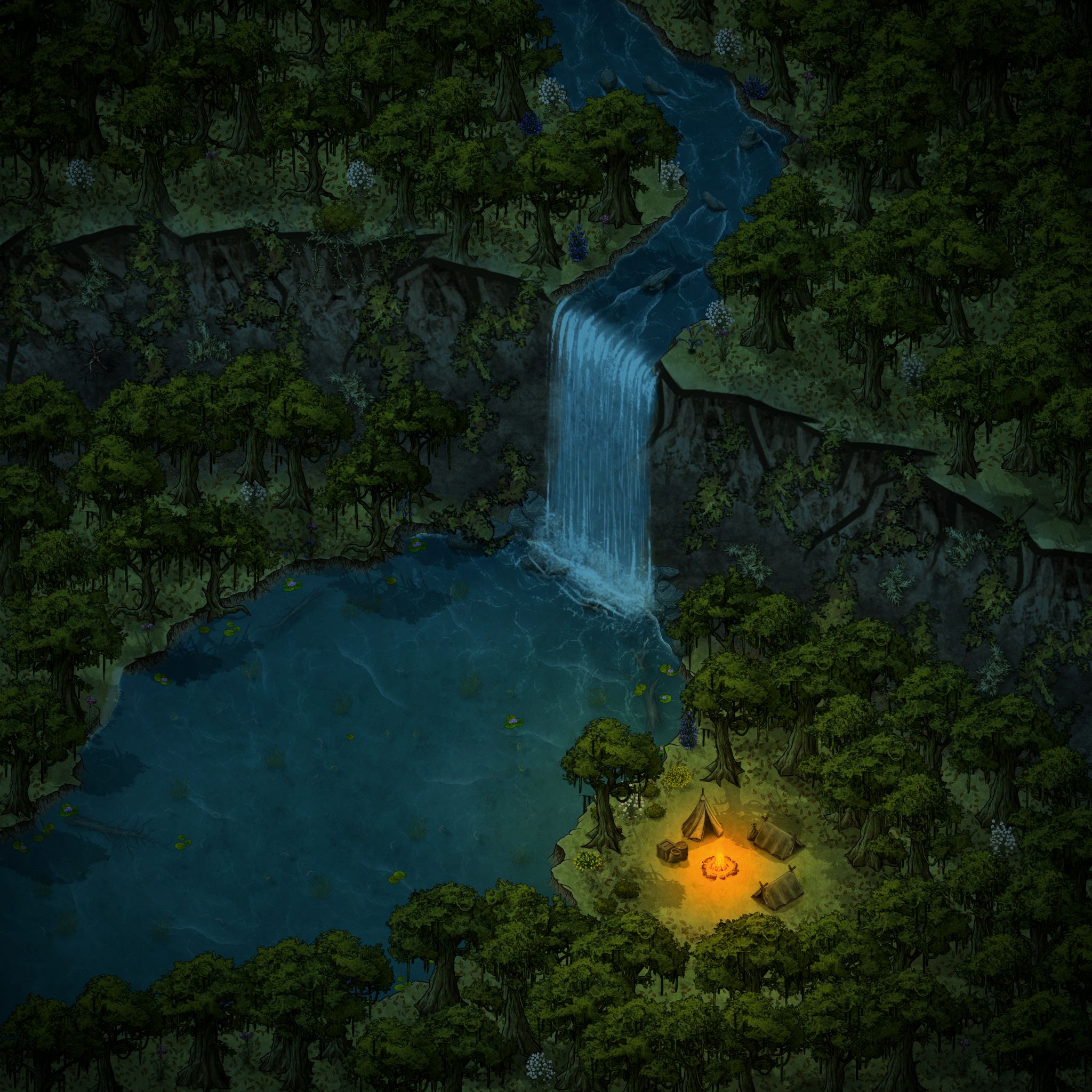 Waterfall by night | Inkarnate - Create Fantasy Maps Online